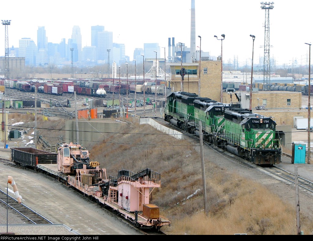 090308002 BNSF 1784-7878-7128 work the hump at Northtown Yard, pinch-hitting for one of the ...